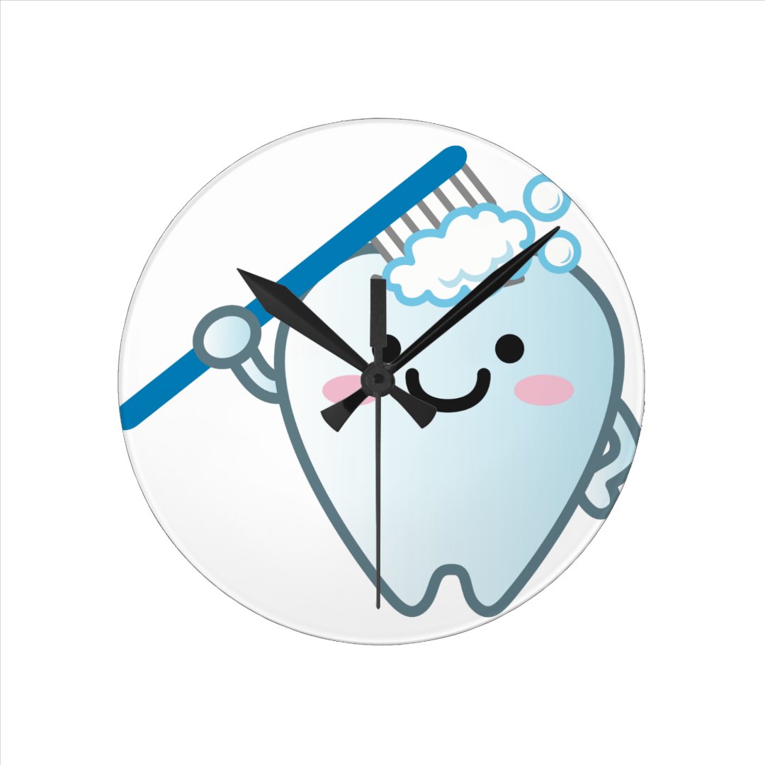 Cute Cartoon Tooth Brushing with Toothbrush Round Clock | Zazzle