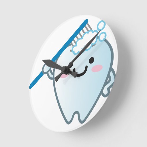 Cute Cartoon Tooth Brushing with Toothbrush Round Clock | Zazzle