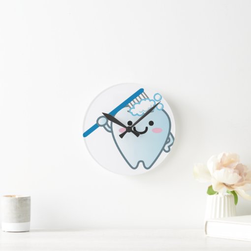 Cute Cartoon Tooth Brushing with Toothbrush Round Clock | Zazzle