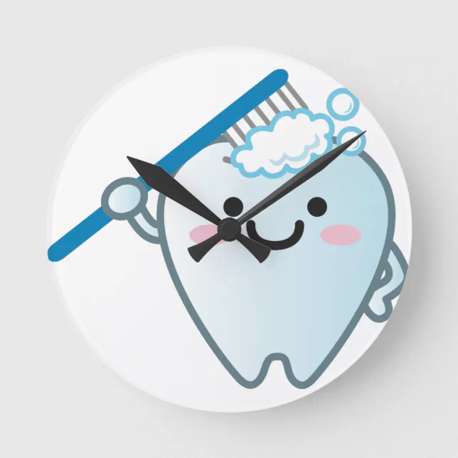 Cute Cartoon Tooth Brushing with Toothbrush Round Clock | Zazzle