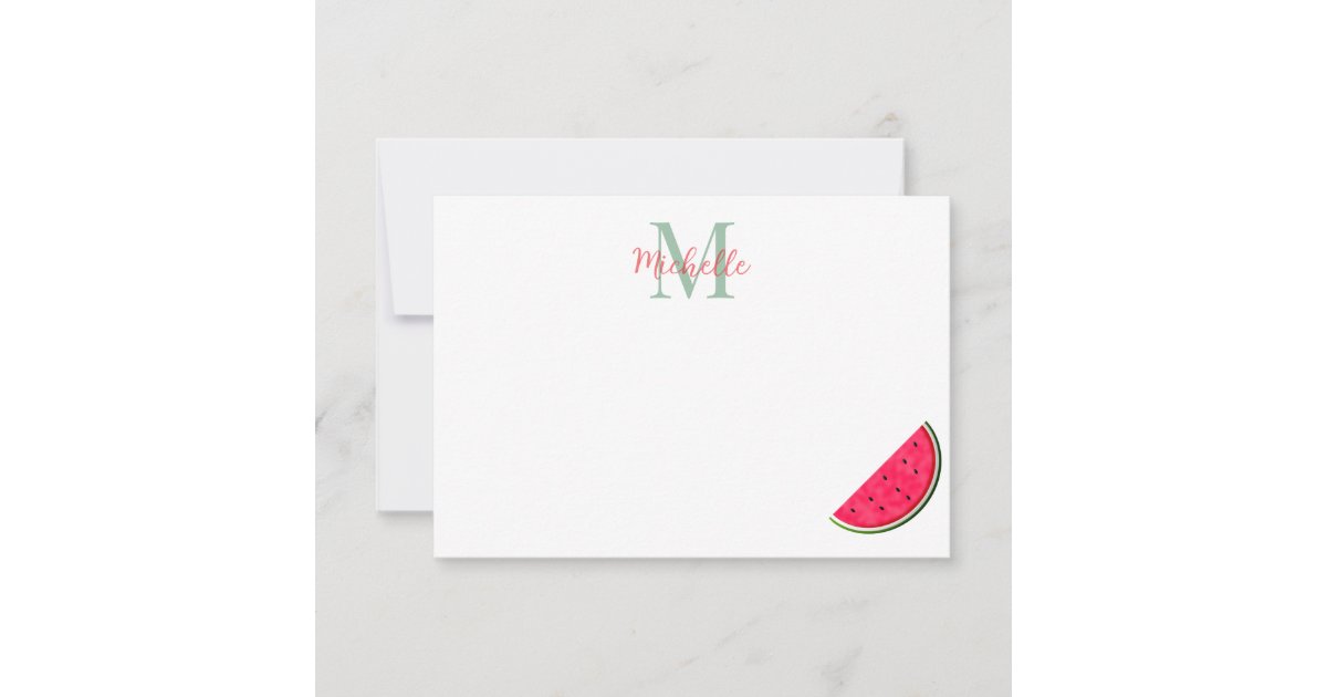 Cute Cartoon Watermelon Custom Monogram Note Card | Zazzle