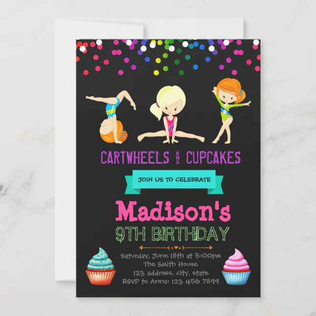 Cute cartwheels and cupcakes birthday invitation | Zazzle