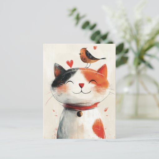 Cute Cat and Bird Friends Postcard | Zazzle