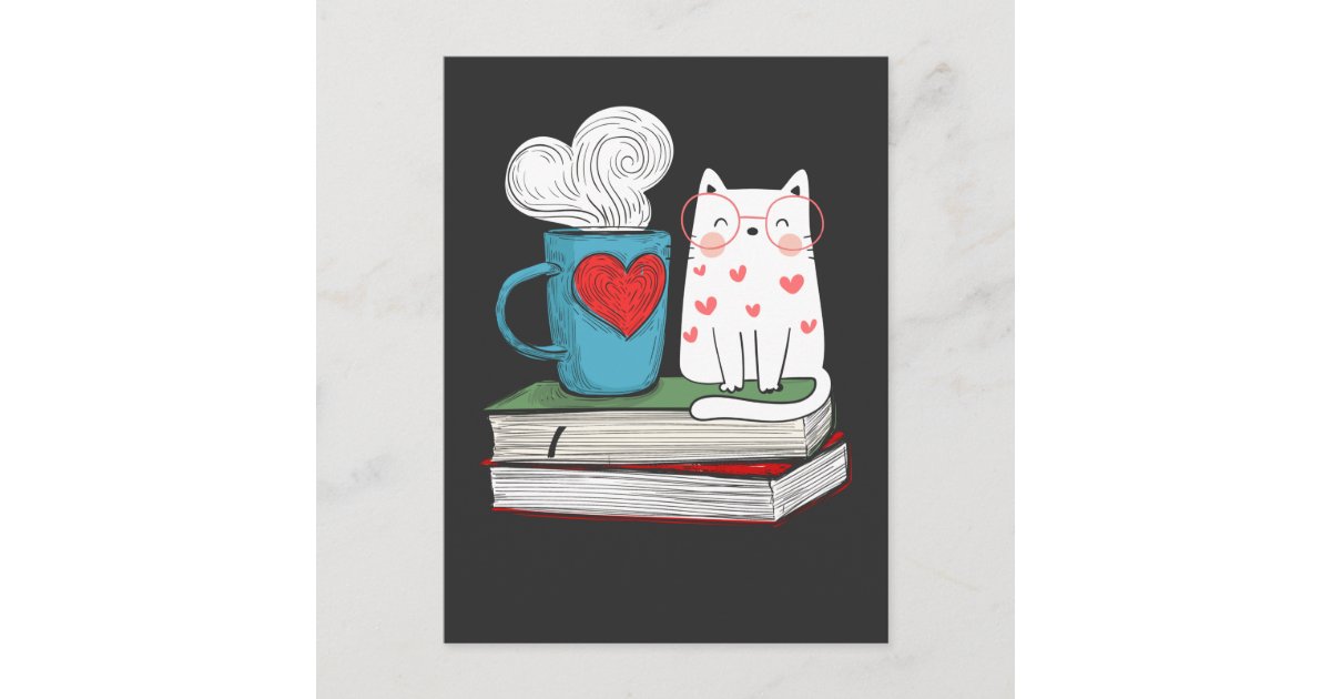Cute Cat and Coffee Book Lover Literature Reading Postcard | Zazzle
