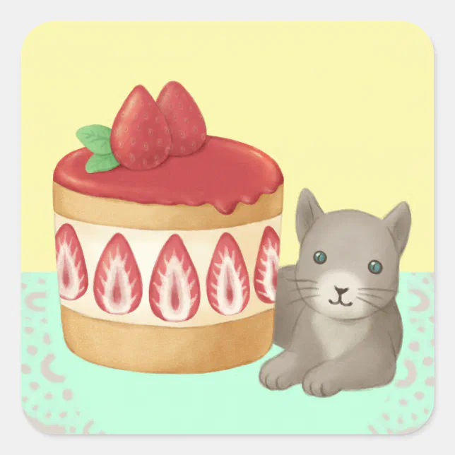 Cute Cat and Dessert Illustration Art Square Sticker | Zazzle