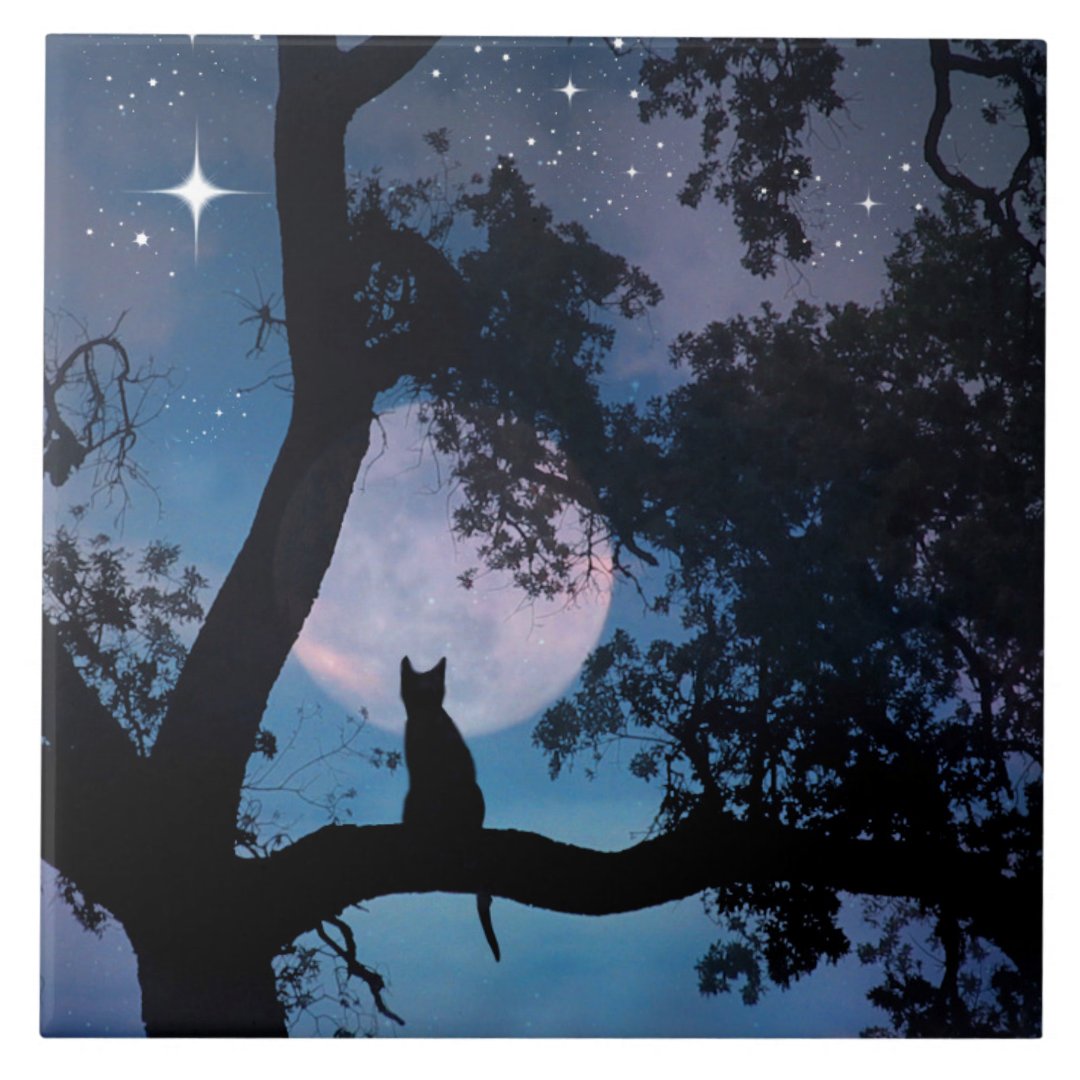 Cute Cat and Moon Art Tile | Zazzle