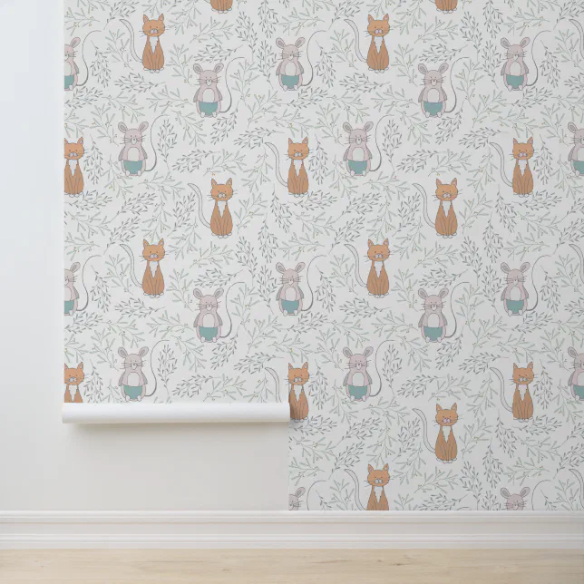 Cute Cat and Mouse Pattern Wallpaper | Zazzle