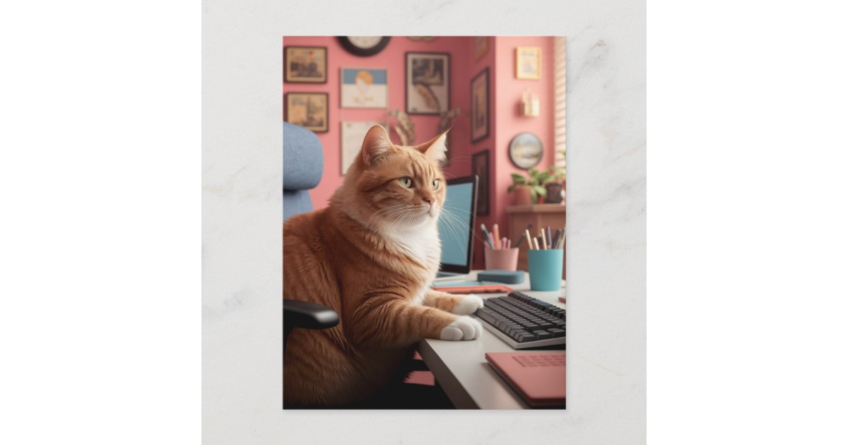 Cute Cat At Work Postcard | Zazzle