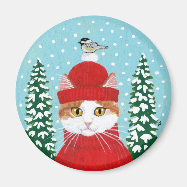 Cute cat, bird Christmas winter snow Magnet | Zazzle