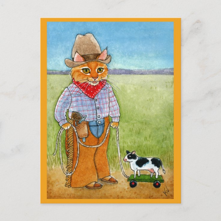Cute cat cowboy, toy cow postcard | Zazzle