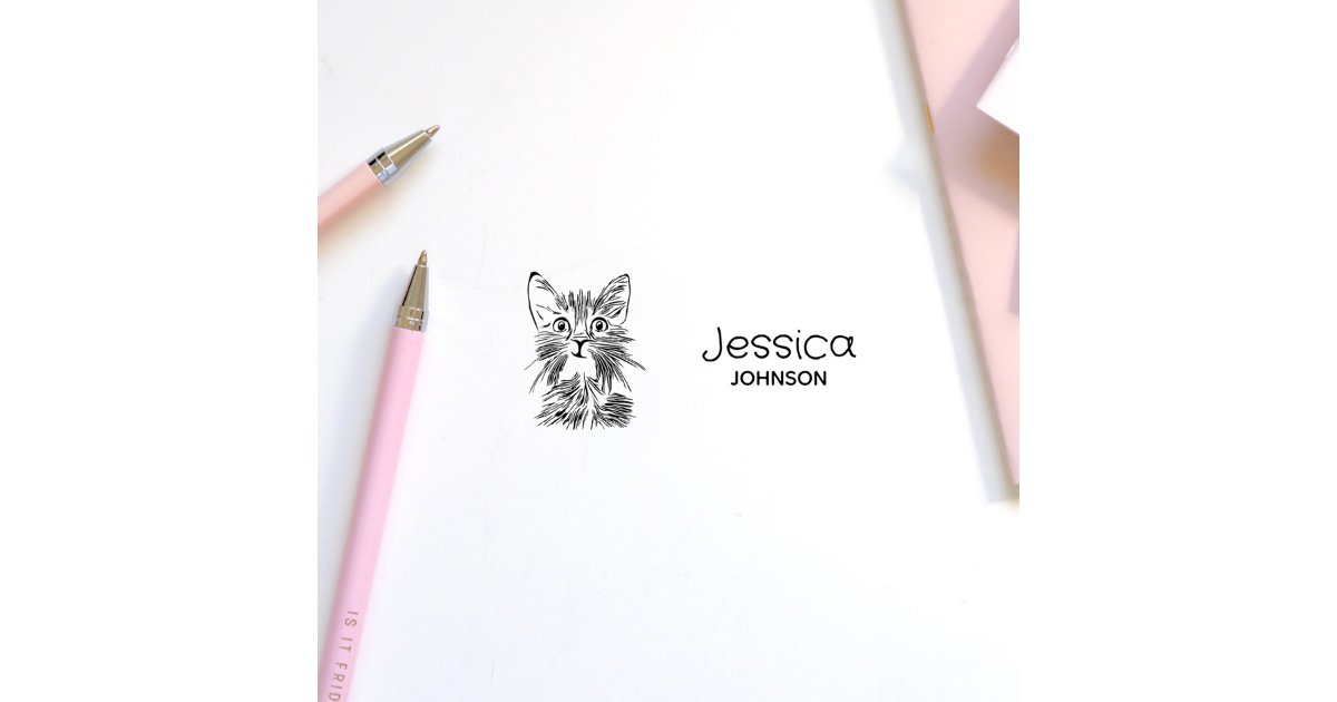 Cute Cat Drawing Custom Name Kids Signature Self-inking Stamp | Zazzle
