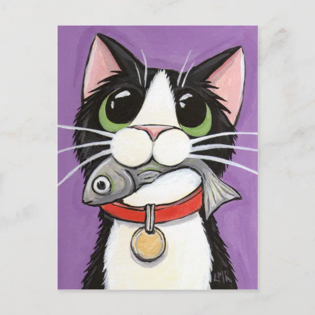 Cute Cat Eating A Fish Postcard | Zazzle