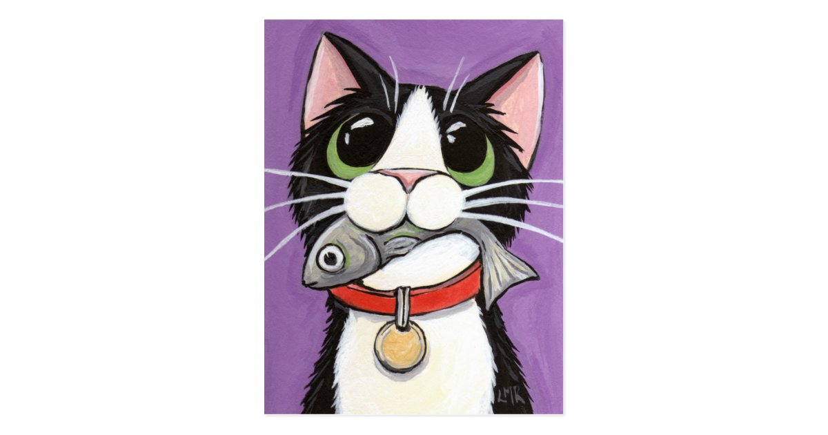 Cute Cat Eating A Fish Postcard | Zazzle.com