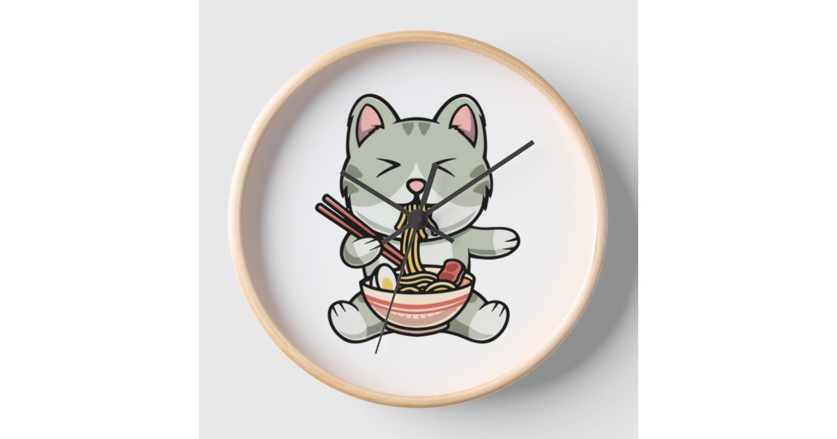 Cute cat eating soba noodles cartoon icon illustra clock | Zazzle