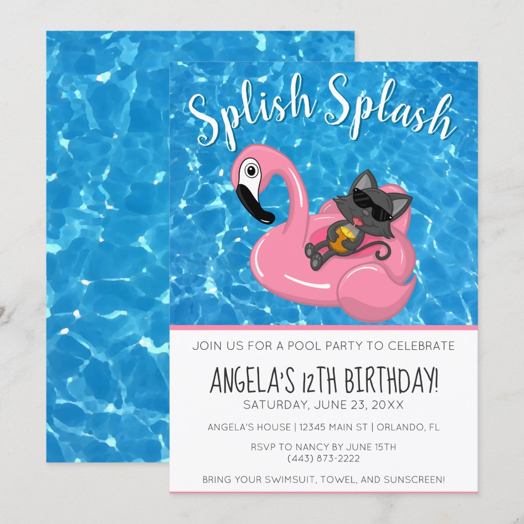Cute Cat Flamingo Kids Birthday Pool Party Invitation | Zazzle