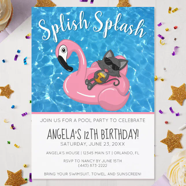 Cute Cat Flamingo Kids Birthday Pool Party Invitation | Zazzle