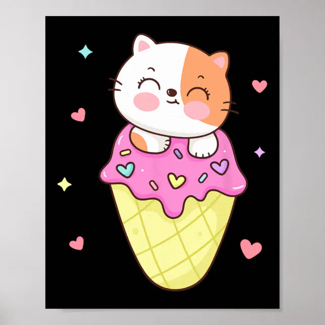 Cute Cat Ice Cream Shirt Anime Kawaii Kids Teen Gi Poster | Zazzle