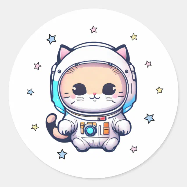 Cute Cat In Astronaut Suit Floating In Space Classic Round Sticker | Zazzle