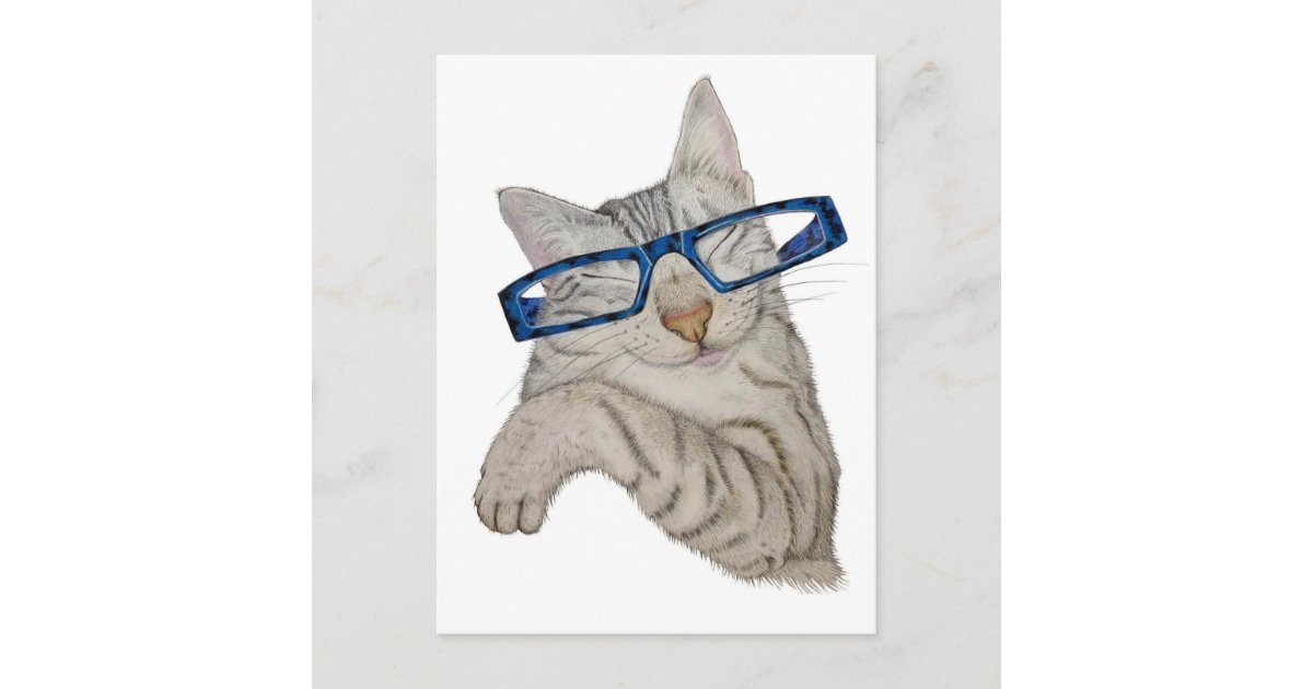 Cute Cat In Spectacles Hand Drawn Postcard | Zazzle