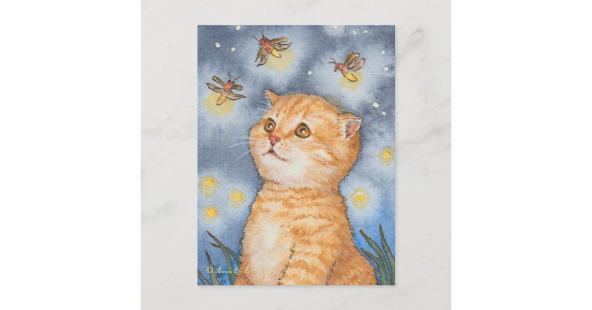 Cute Cat Kitten with Firefly Fireworks Postcard | Zazzle