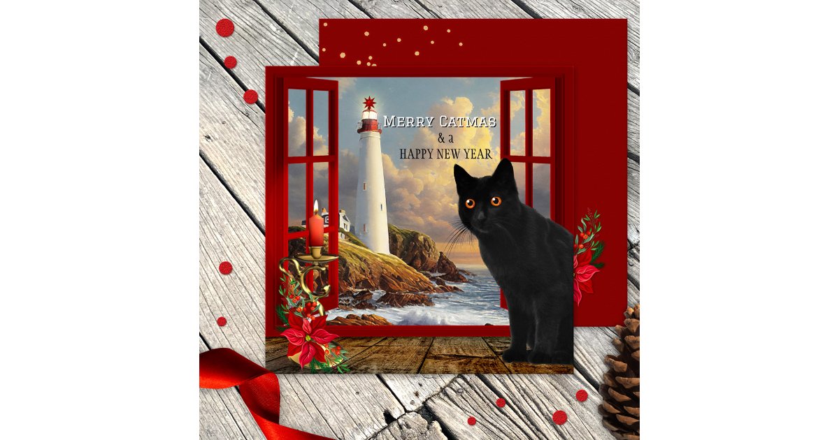 Cute Cat Lighthouse Christmas Card | Zazzle