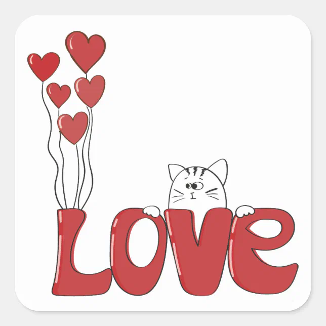 Cute Cat Love Typography Red Hearts | Valentine Square Sticker | Zazzle
