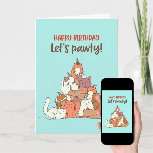 Cute Cat Lover Pun Let's Pawty Funny Birthday Card | Zazzle