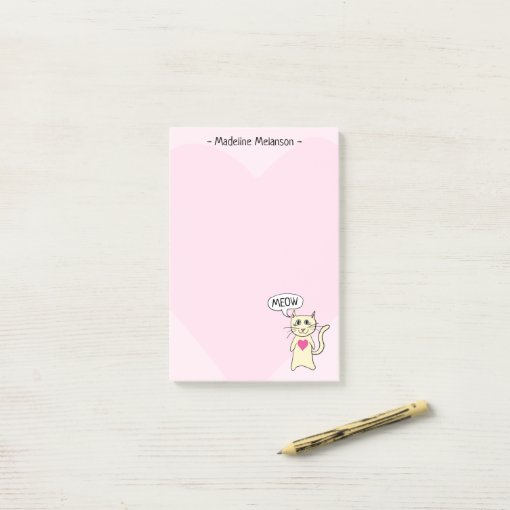 Cute Cat Meow Personalized Pink Post-it Notes | Zazzle