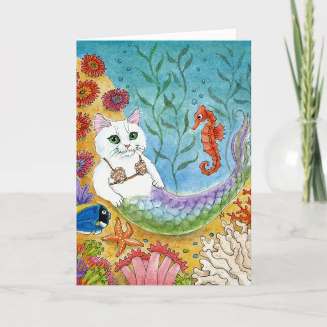 Cute cat mermaid mercat seahorse card | Zazzle