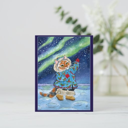 Cute cat, northern lights postcard | Zazzle