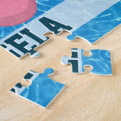 Cute Cat on Pink Flamingo Floatie Blue Name Funny Jigsaw Puzzle | Zazzle