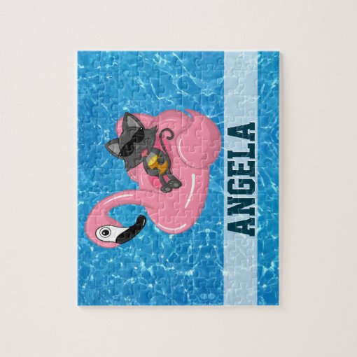 Cute Cat on Pink Flamingo Floatie Blue Name Funny Jigsaw Puzzle | Zazzle