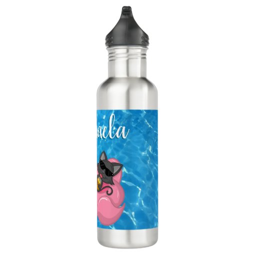Cute Cat on Pink Flamingo Floatie Blue Name Funny Stainless Steel Water ...