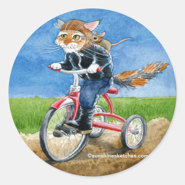 Cute cat on tricycle cartoon sticker | Zazzle