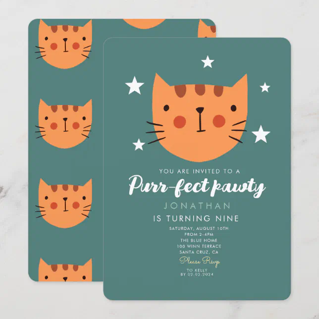 Cute Cat Orange Green Birthday Party Invitation | Zazzle