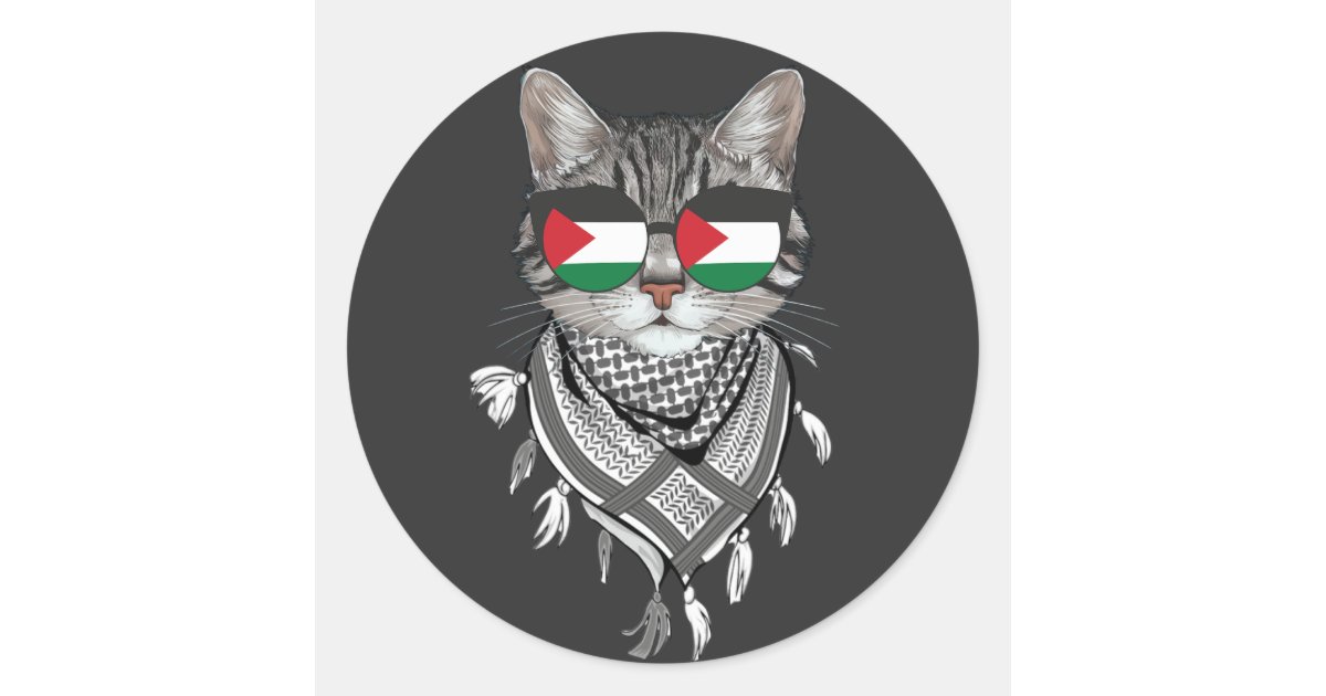 Cute Cat Palestine Flag Glasses Keffiyeh scarf Classic Round Sticker ...