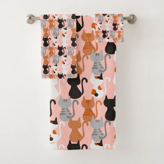 Cute Cat Pattern On Blush Pink Bath Towel Set | Zazzle