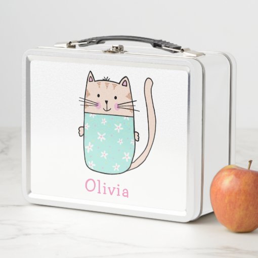 Cute Cat Personalized Custom Name Metal Lunch Box | Zazzle