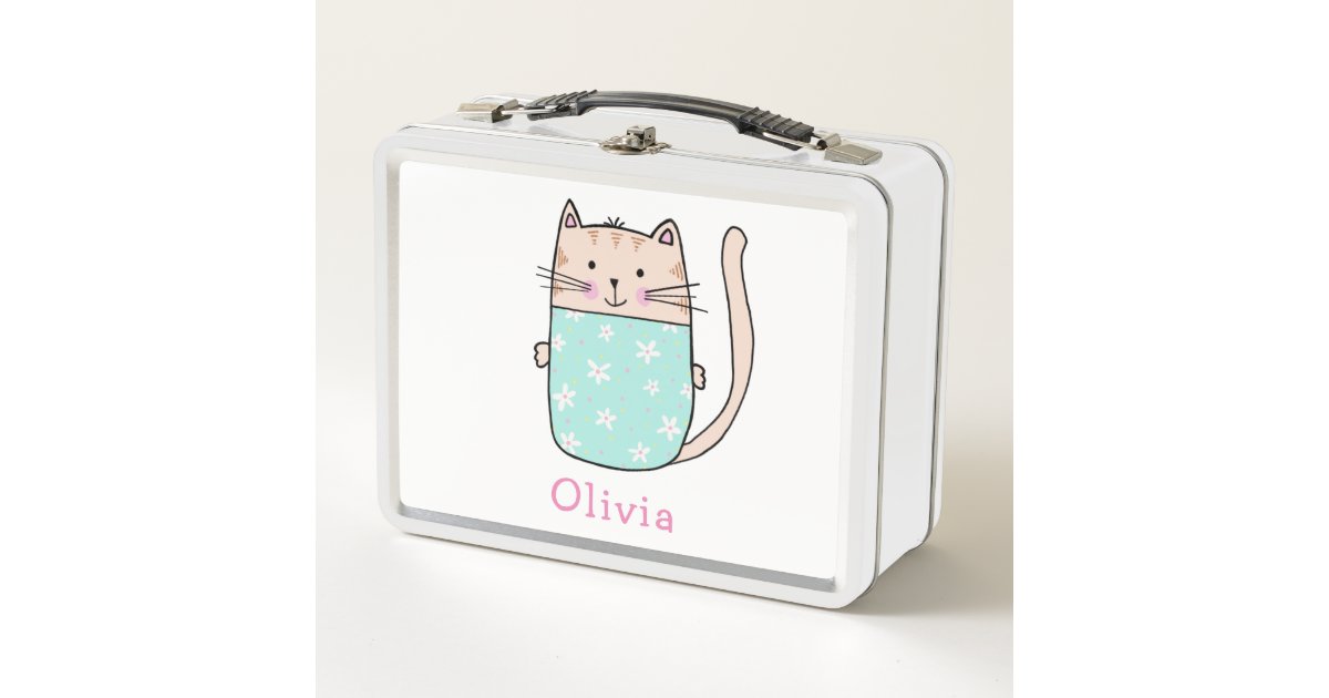 Cute Cat Personalized Custom Name Metal Lunch Box | Zazzle