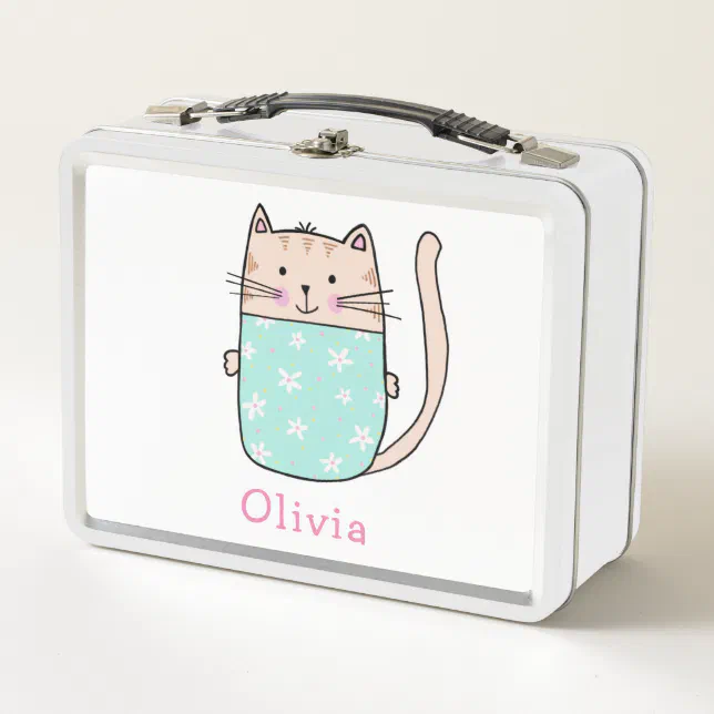 Cute Cat Personalized Custom Name Metal Lunch Box | Zazzle