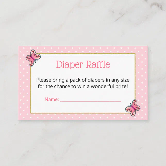 Cute Cat Pink Butterfly Dots Diaper Raffle Ticket Enclosure Card | Zazzle