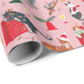 Cute Cat Pink Retro Christmas pattern Wrapping Paper | Zazzle