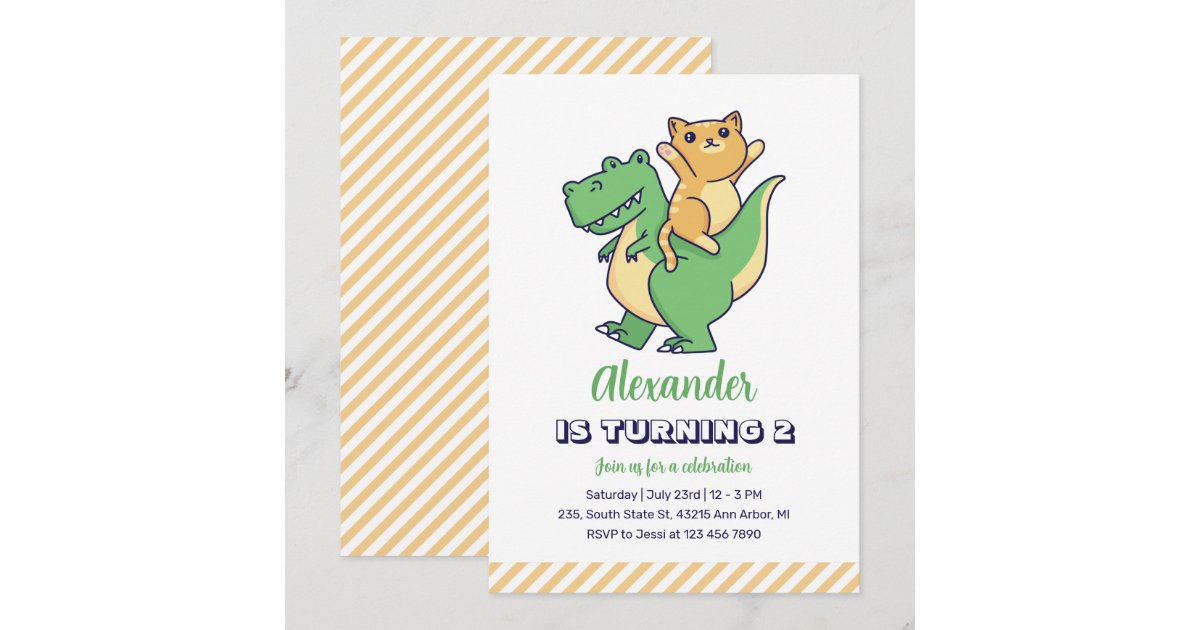 Cute Cat Riding T-Rex Dinosaur Kids Dino Birthday Invitation | Zazzle