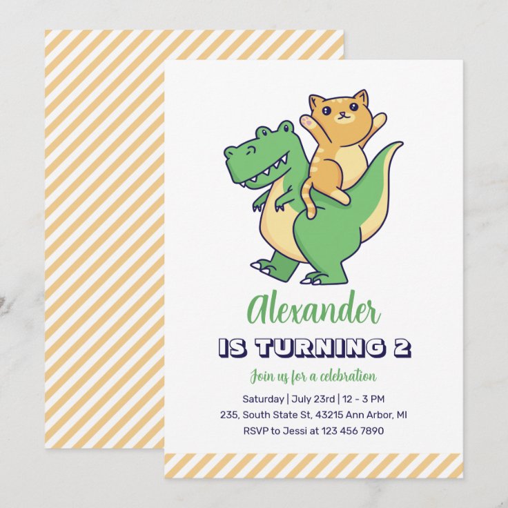 Cute Cat Riding T-Rex Dinosaur Kids Dino Birthday Invitation | Zazzle