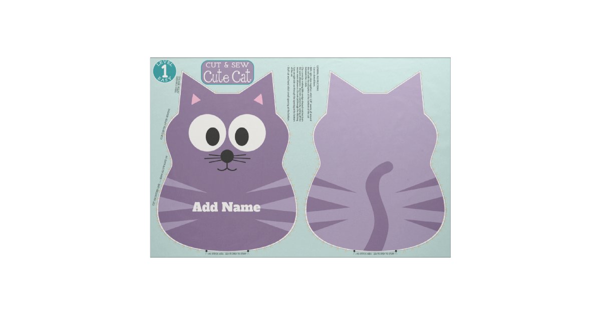 Cute Cat Stuffed Animal Sewing Pattern Custom Name Fabric | Zazzle