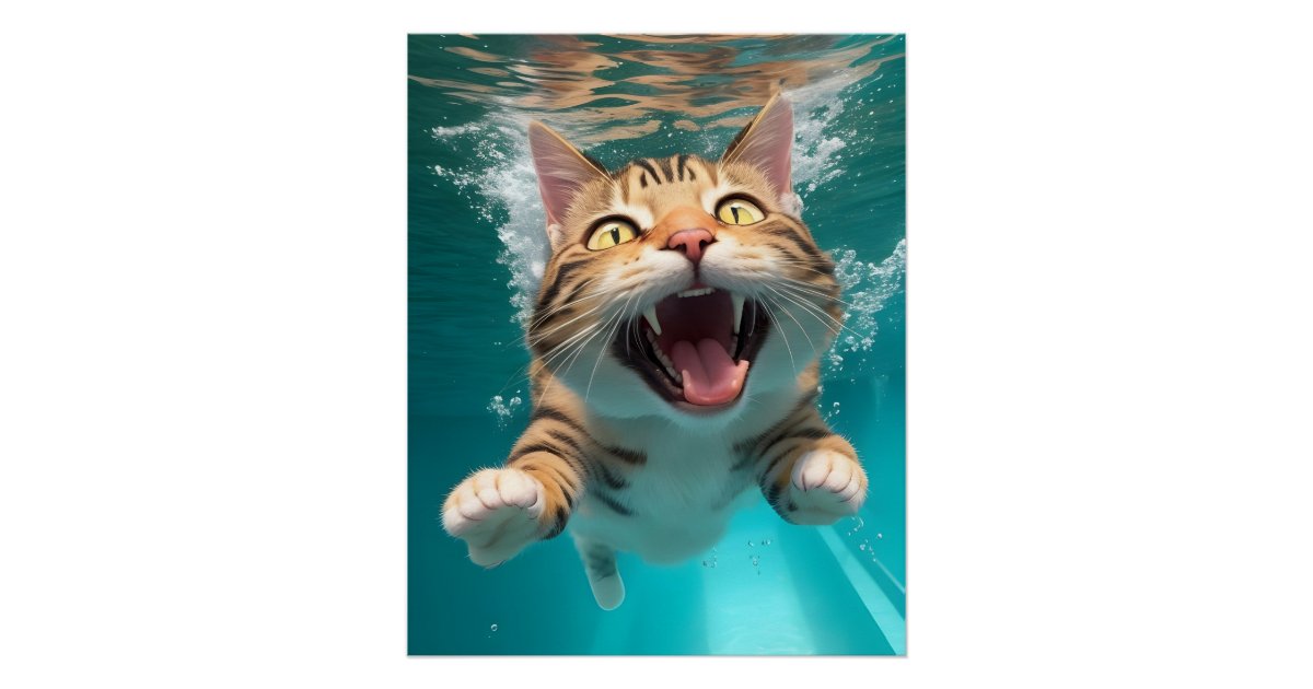 Cute Cat Swimming Diving Underwater in Pool Funny Poster | Zazzle