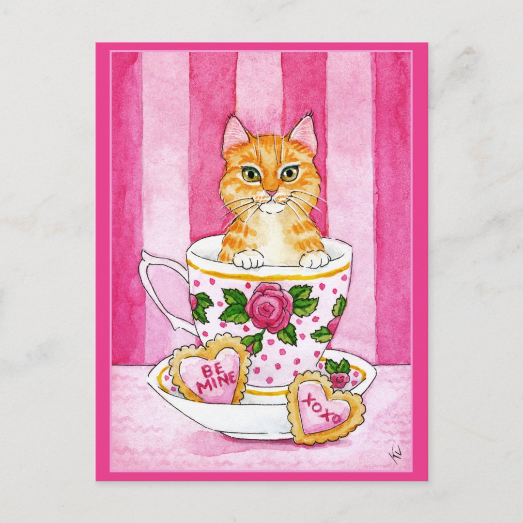 Cute cat tea cup Valentines Day pink postcard | Zazzle