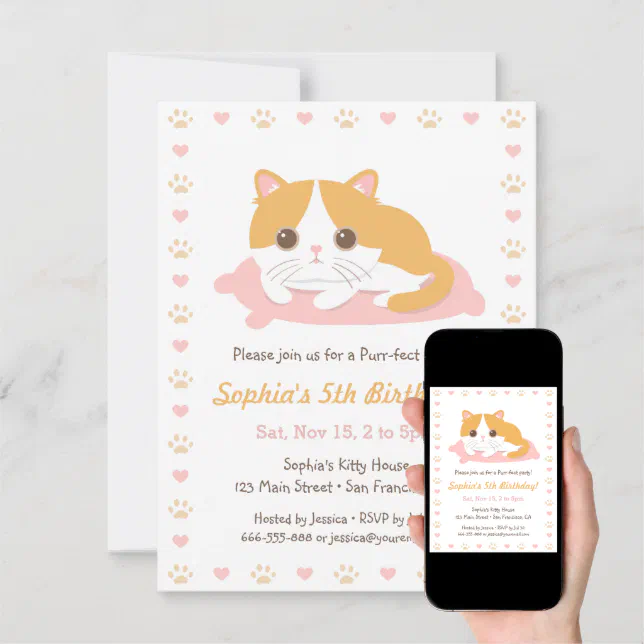Cute Cat Themed Birthday Party Invitations | Zazzle