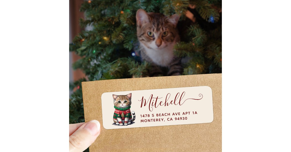 Cute Cat Ugly Sweater Party Address Label | Zazzle