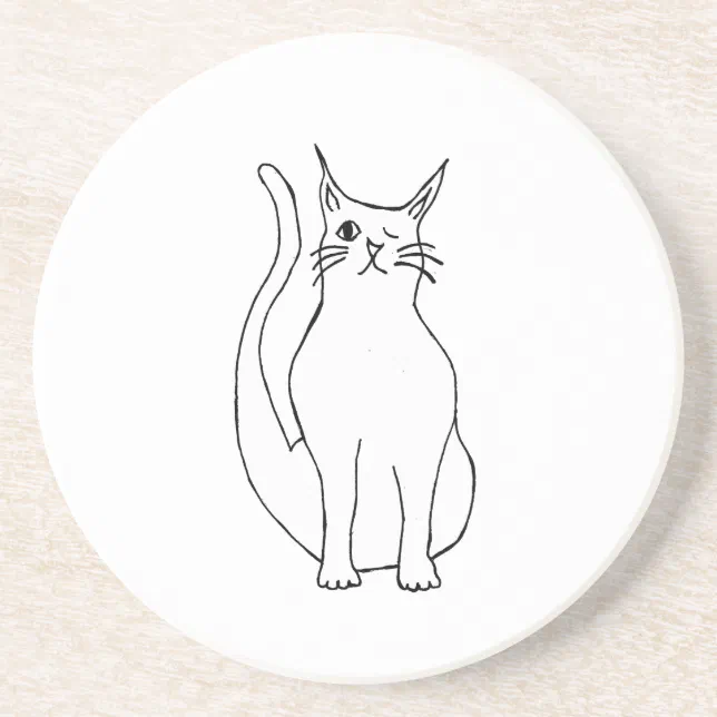Cute Cat Winking Kitty Cartoon Black White Coaster | Zazzle